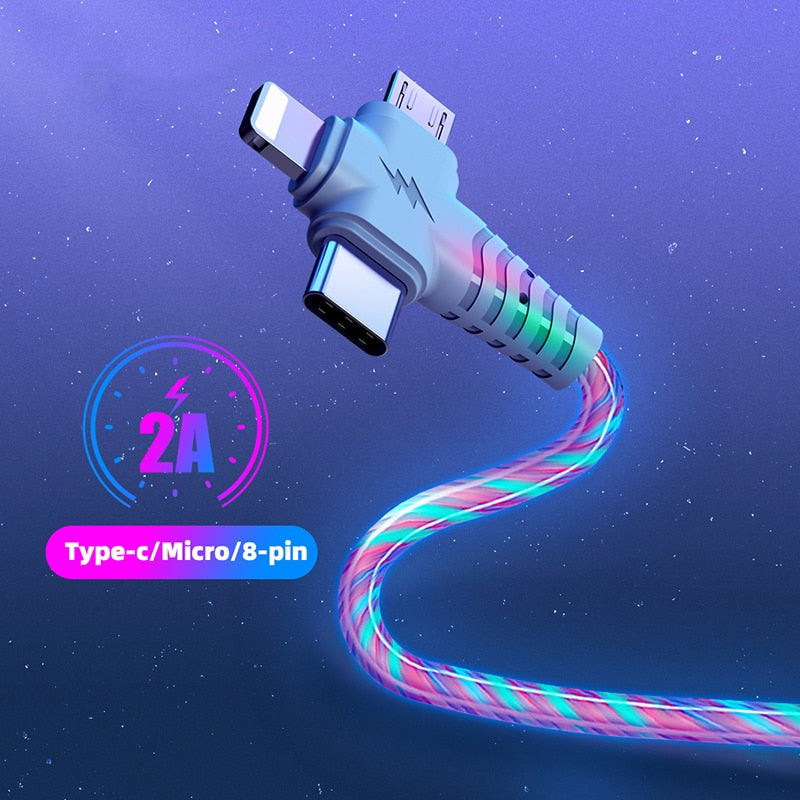 3 In 1 Flow Luminous USB Cable For Micro USB/Type C/8 Pin Charger Wire ...